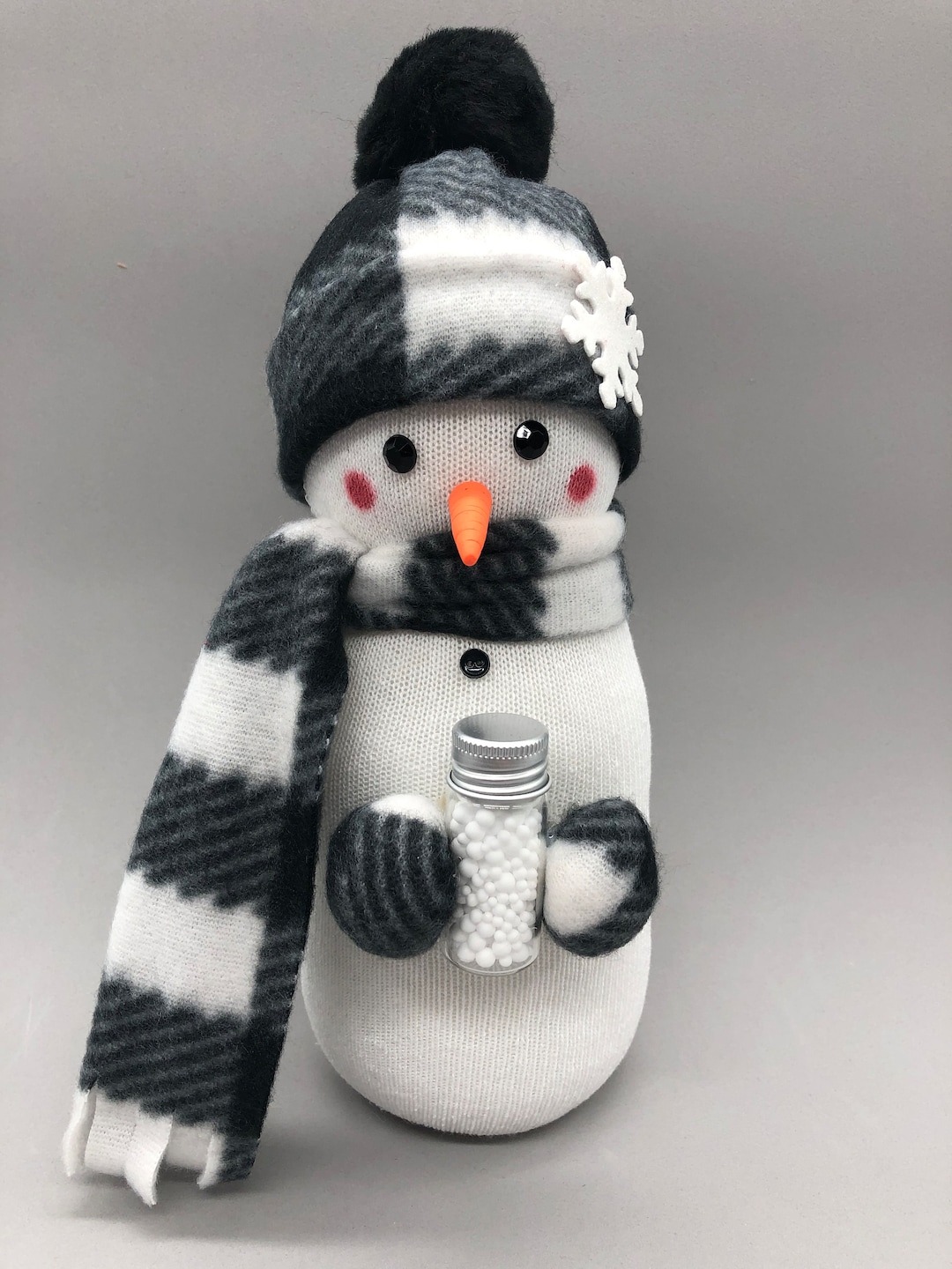 Large Sock Snowman in White Buffalo Check Hat & Scarf, Sock Snowman ...