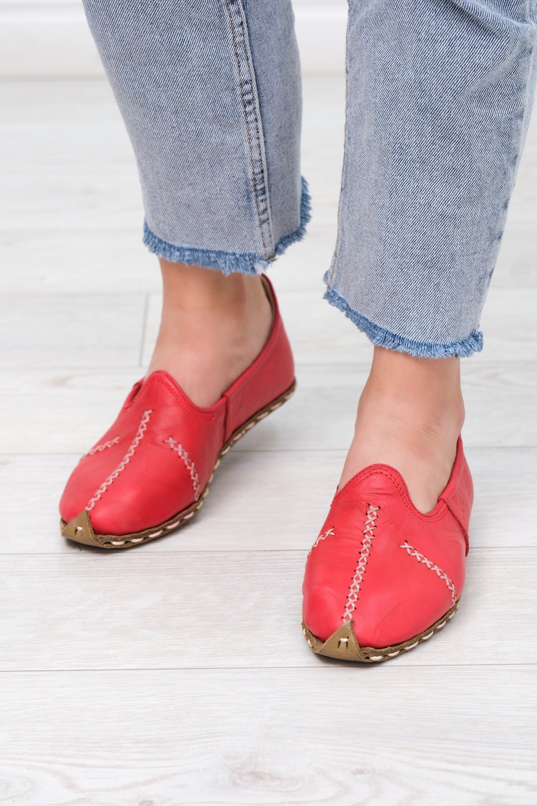 Artisanal Red Leather Barefoot Loafers for Women - Handcrafted Earthing ...