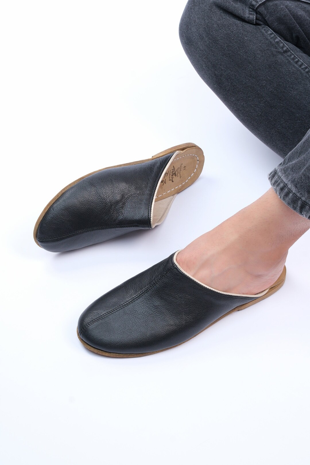 MEN BLACK TURKISH Slip Ons - Men Leather Slippers - Turkish Barefoot ...