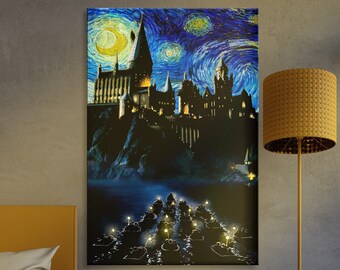 Magic Wizard School Castle Scottish Starry Night Digital Oil Painting ...