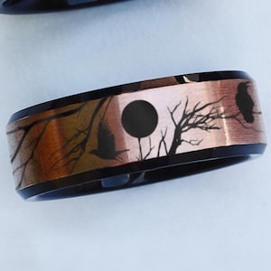 Engraved Black Crow Ring, Flying Crows Wedding Band Ring, Black Crows ...