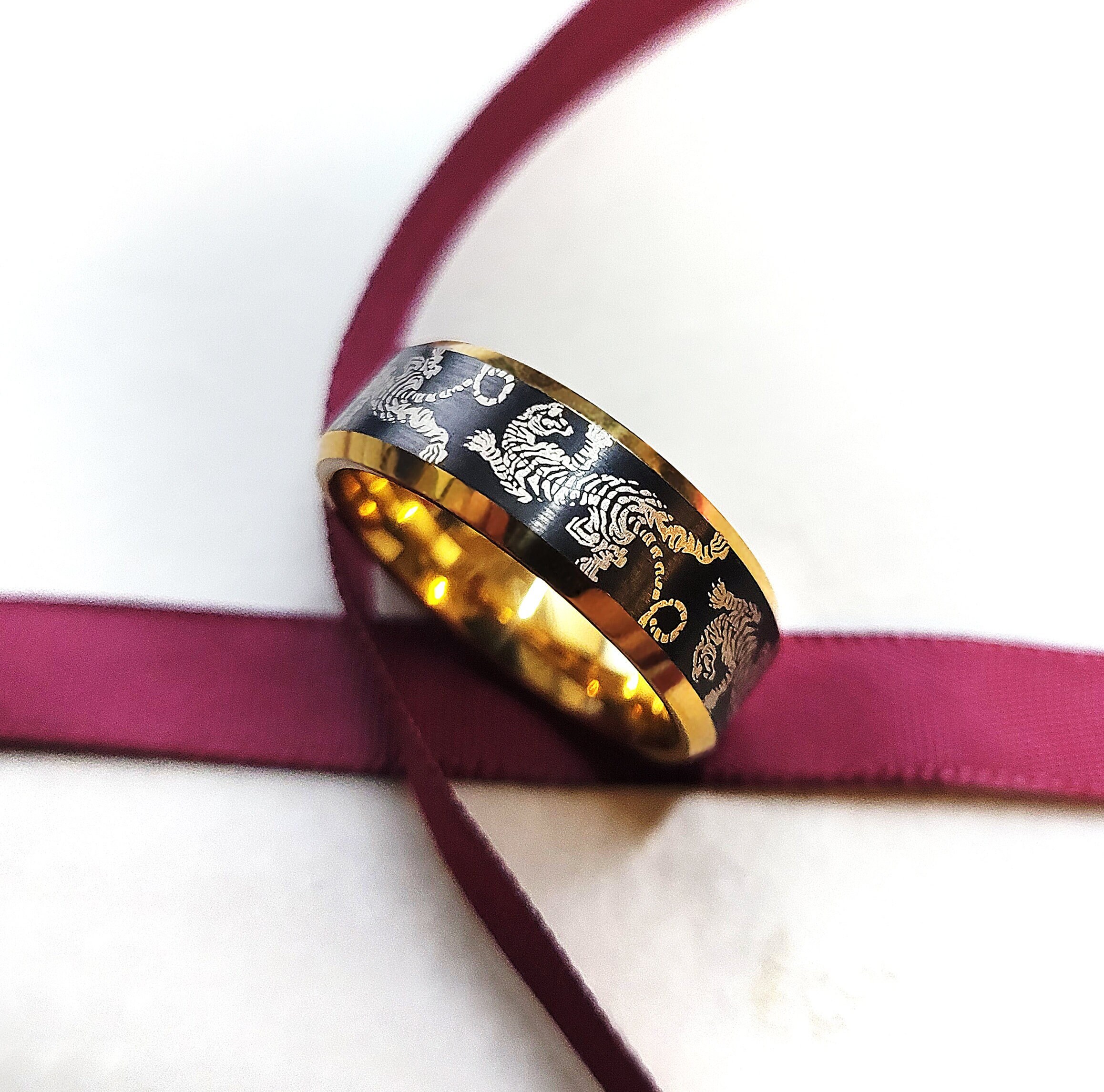Engraved Crawling Tiger Ring, Black & Yellow Gold Tiger Ring, Tiger ...