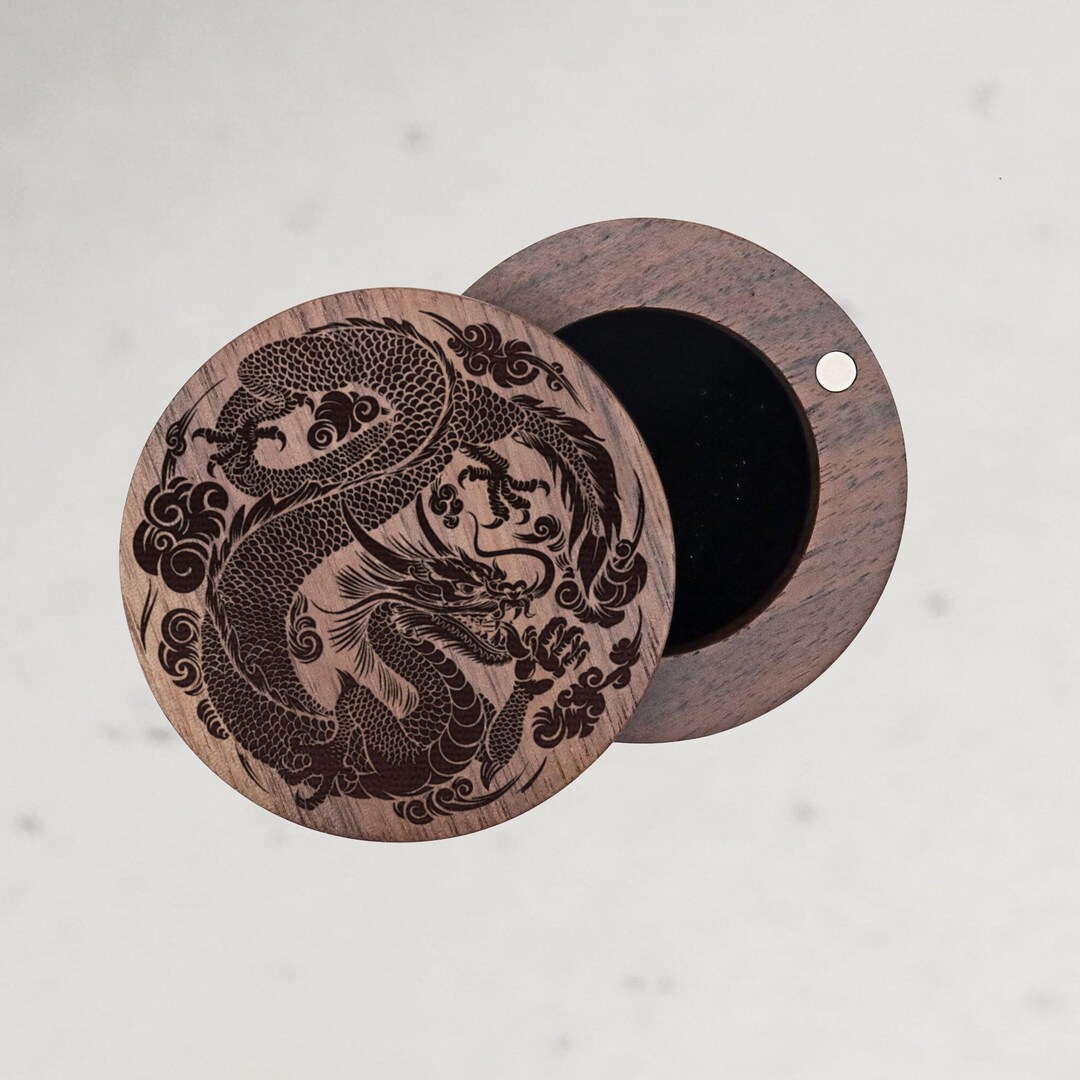 Engraved Dragon Head Black Walnut Wood Ring Box, Dragon Ring Box ...