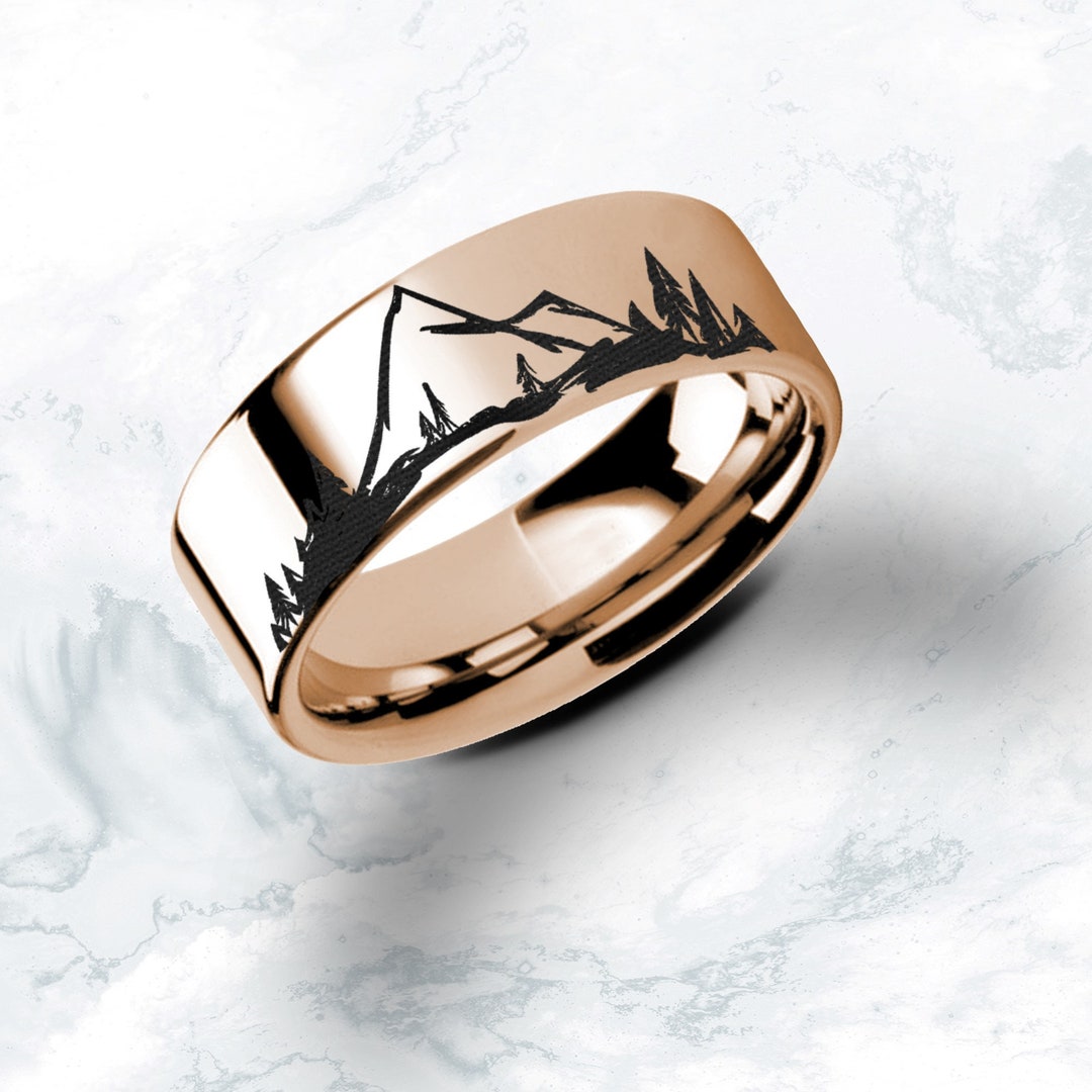 Engraved Mountain Ring Wedding Band, Mountain Landscape Tungsten Ring ...