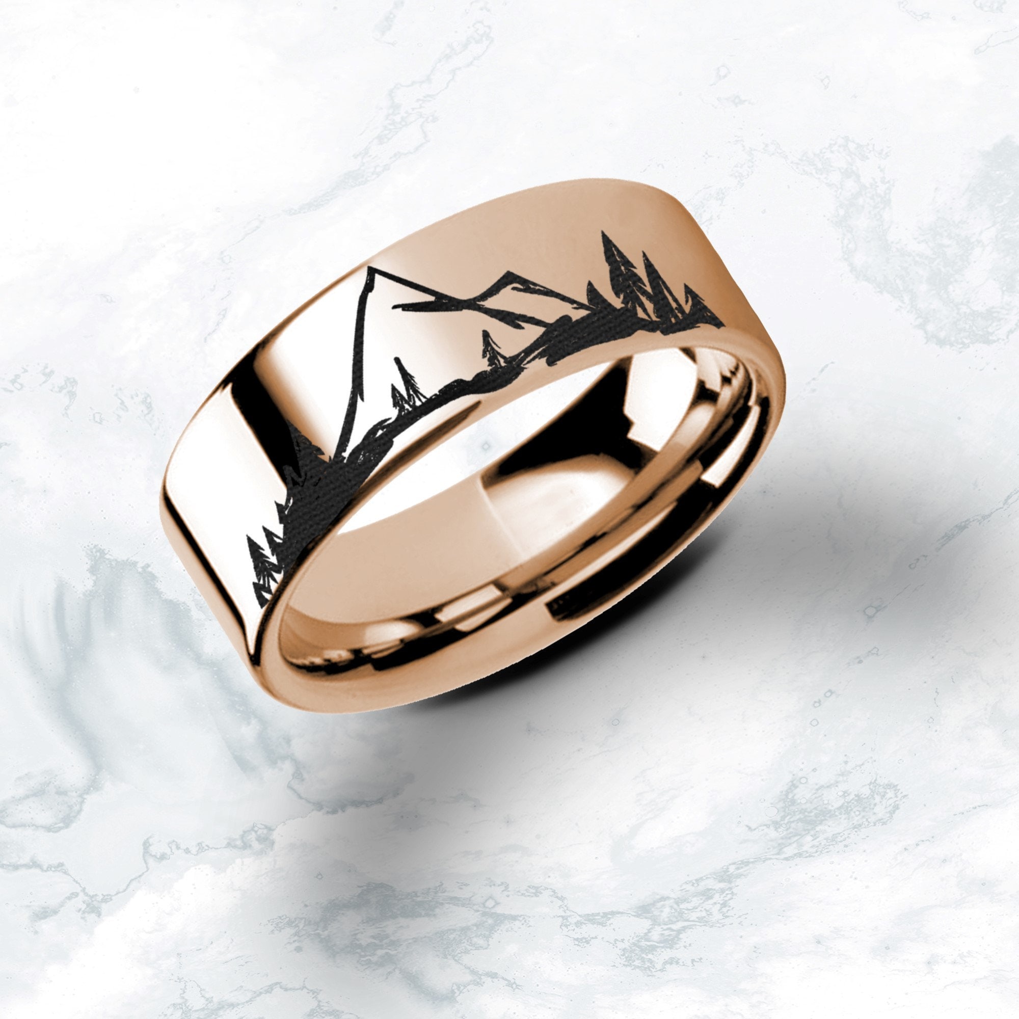 Engraved Mountain Ring Wedding Band, Mountain Landscape Tungsten Ring ...