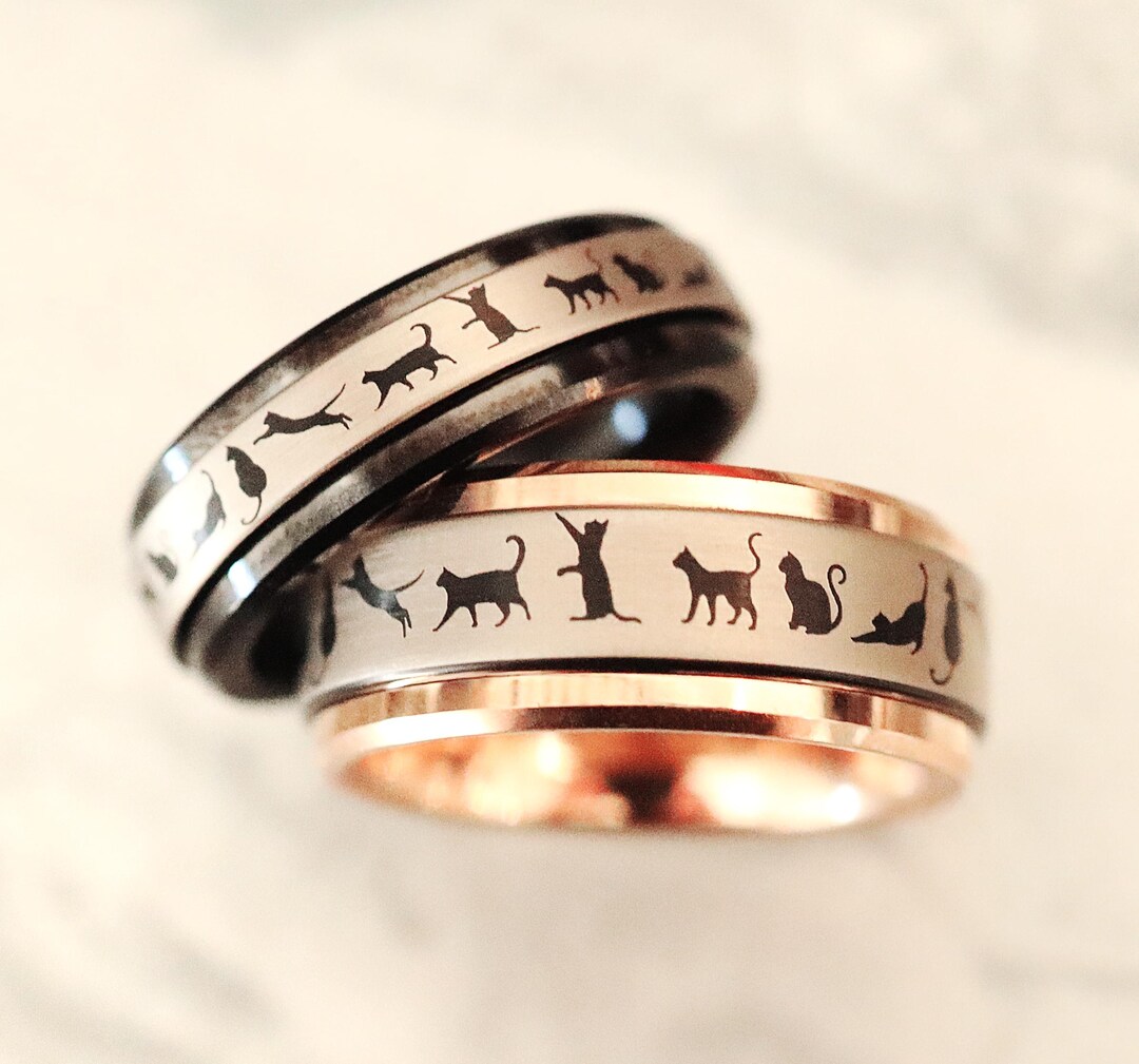 Engraved Cat Spinner Ring, Black Cat Promise Ring, Black Cat Wedding ...