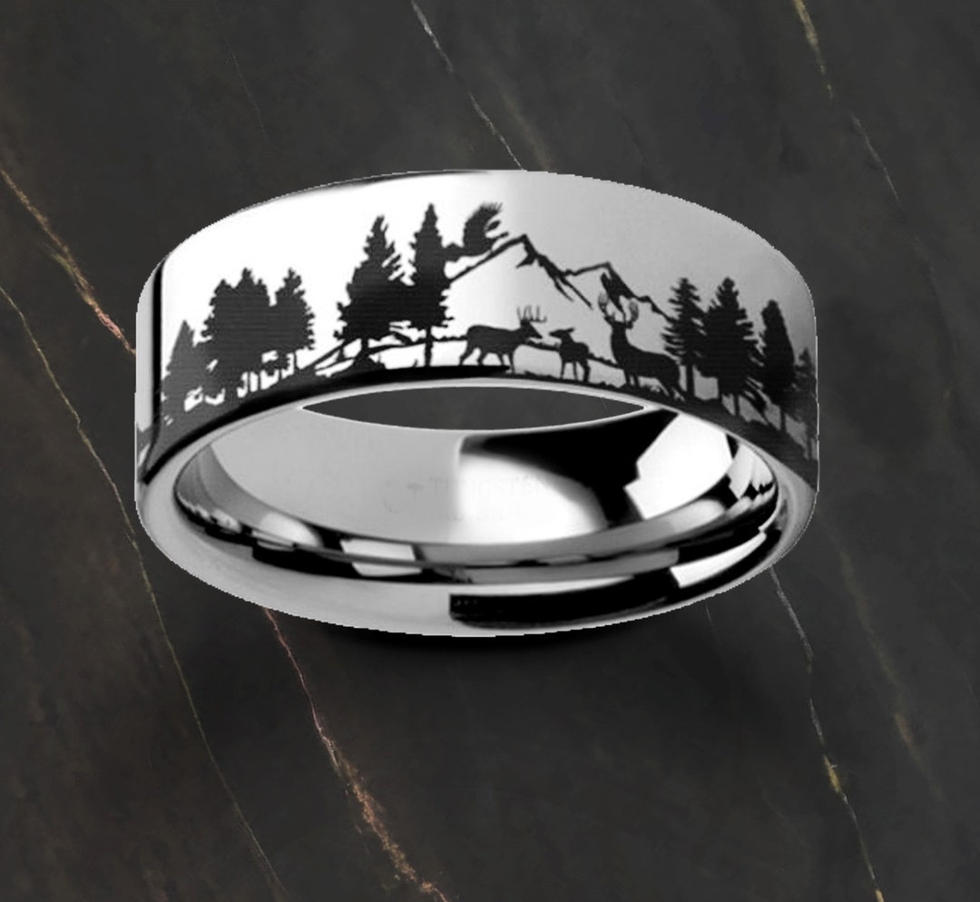 Engraved Deer Family Mountain Landscape Scene Tungsten Ring Flat ...