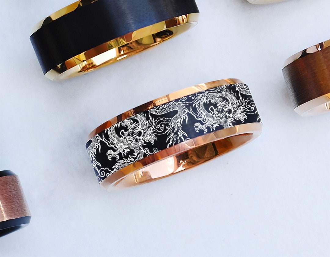 Engraved Black Tungsten Dragon Wedding Band Ring, Traditional Dragon ...