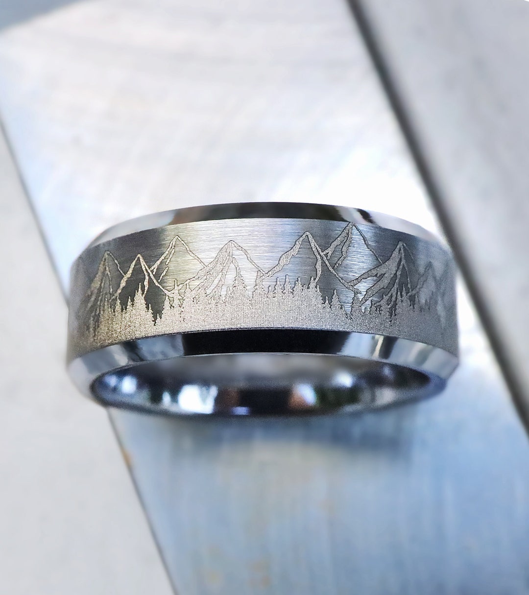LIGHT Engraved Mens Mountain Wedding Band, Mountain Engagement Ring ...