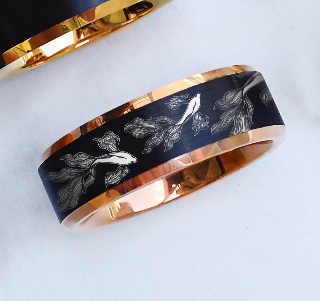 Engraved Black Tungsten Betta Fish Pattern Wedding Band Ring, Beautiful ...