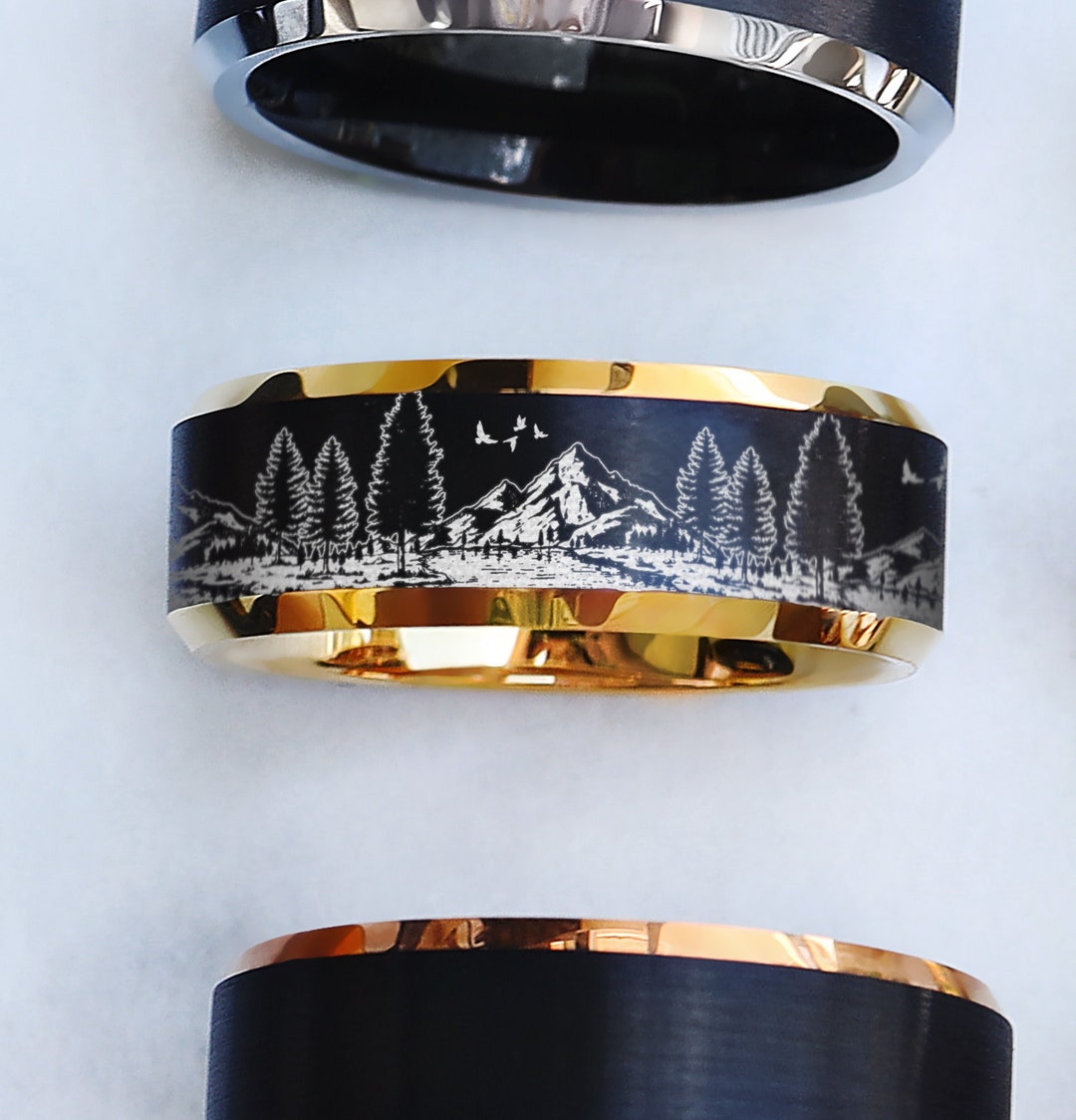 Engraved Mountain Landscape & Tree Line Ring Wedding Ring, Flying Birds ...