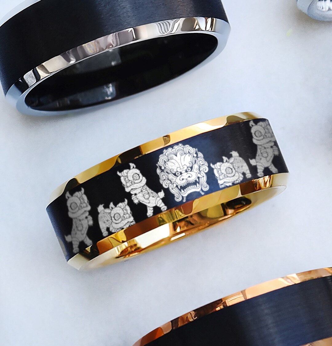 Engraved Tungsten Chinese Lunar Dragon Wedding Band Ring, Traditional ...