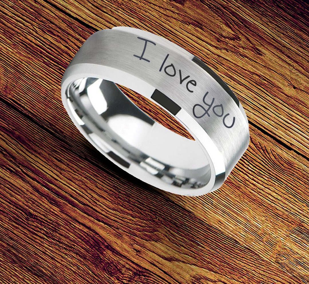 Silver Tungsten Beveled Edge Ring Engraved Handwriting, Handwritten ...