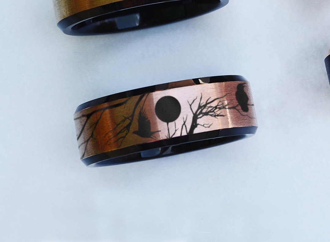Engraved Black Crow Ring, Flying Crows Wedding Band Ring, Black Crows ...