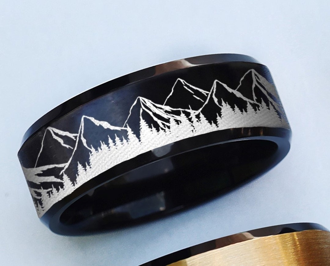 Engraved Mountain Mens Band, Two Tone Black Ring, Mountain Landscape ...