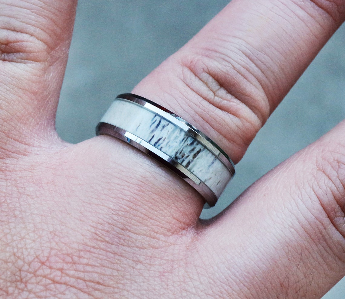 Personalized Engraved Black Deer Antler Inlay Tungsten Ring, Real ...