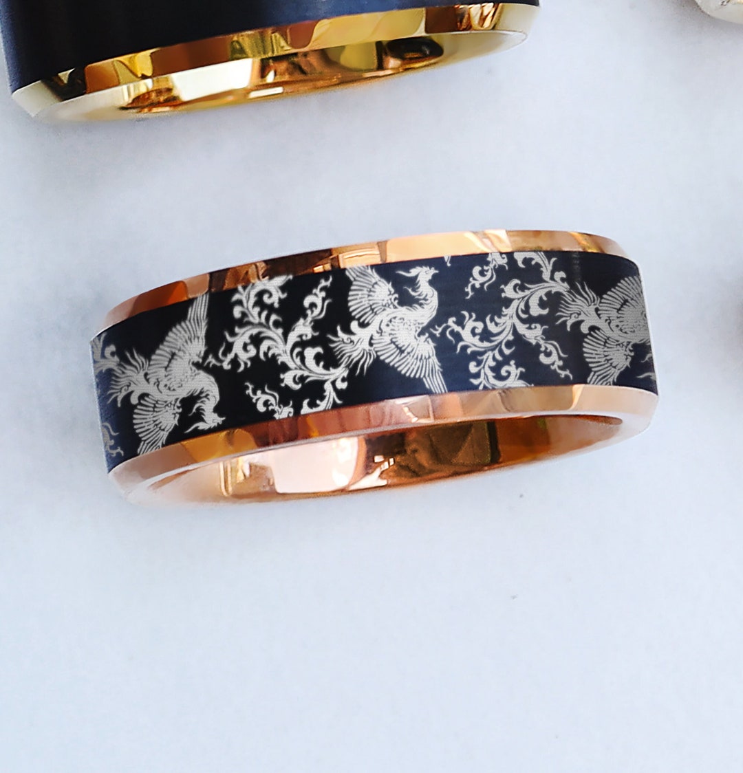 Engraved Black Tungsten Chinese Phoenix Ring, Fenghuang Phoenix Ring ...