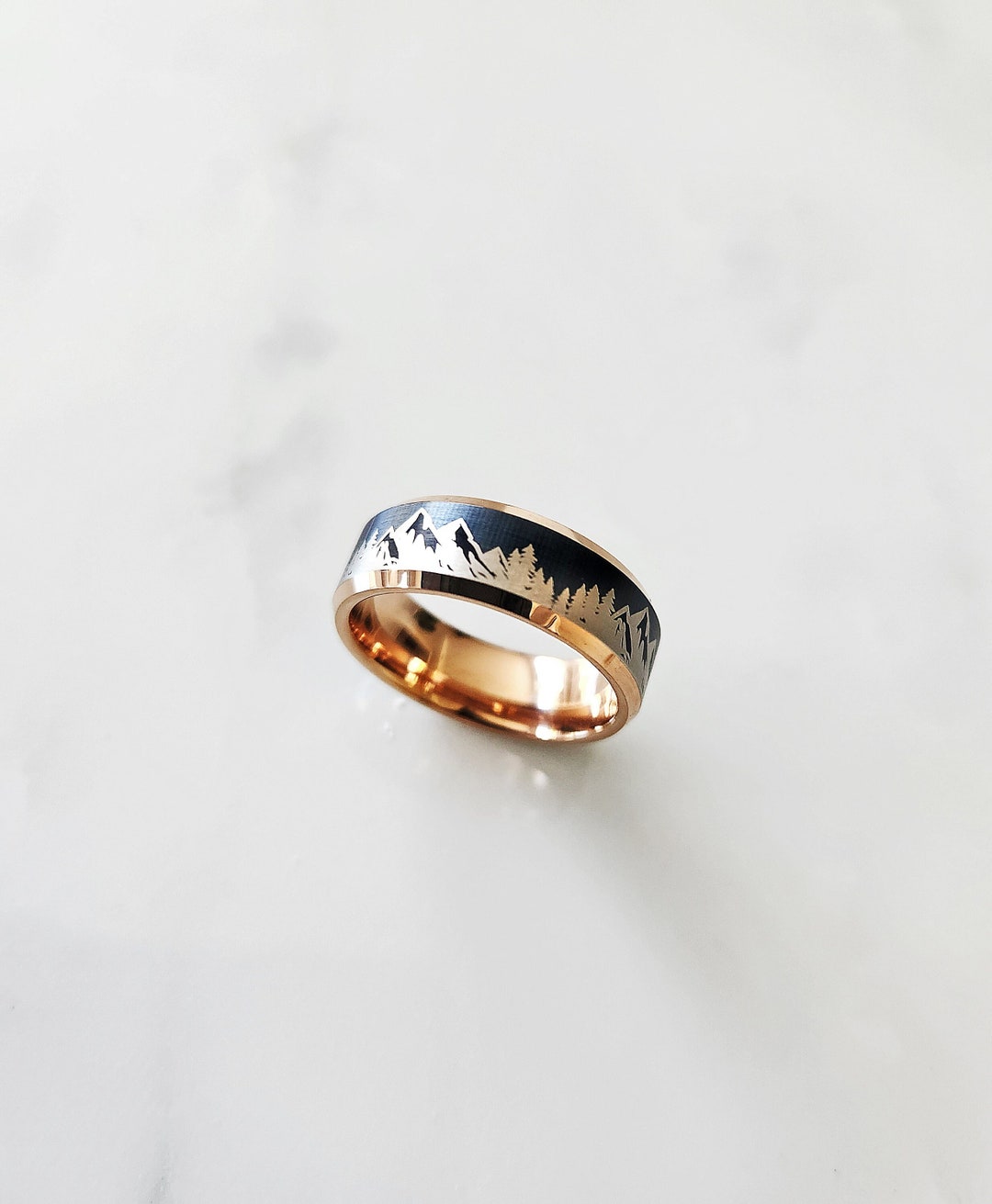 Engraved Mountain Range & Trees Ring, Mens Mountain Range Ring, Mens ...