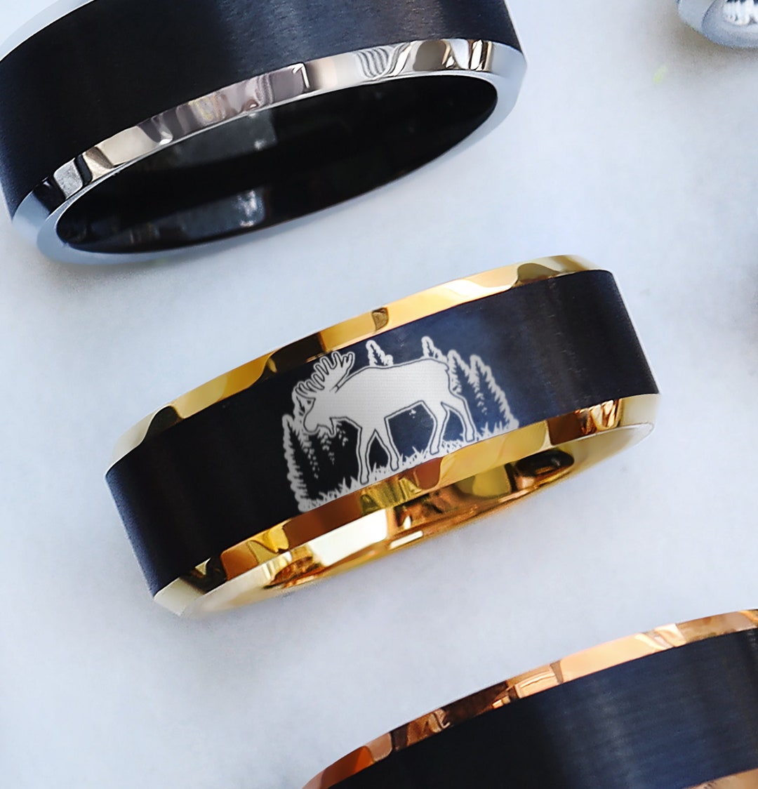 Engraved Moose Ring, Moose Black Tungsten Ring, Forest Elk Ring, Moose Elk Jewelry, Moose Scene ...