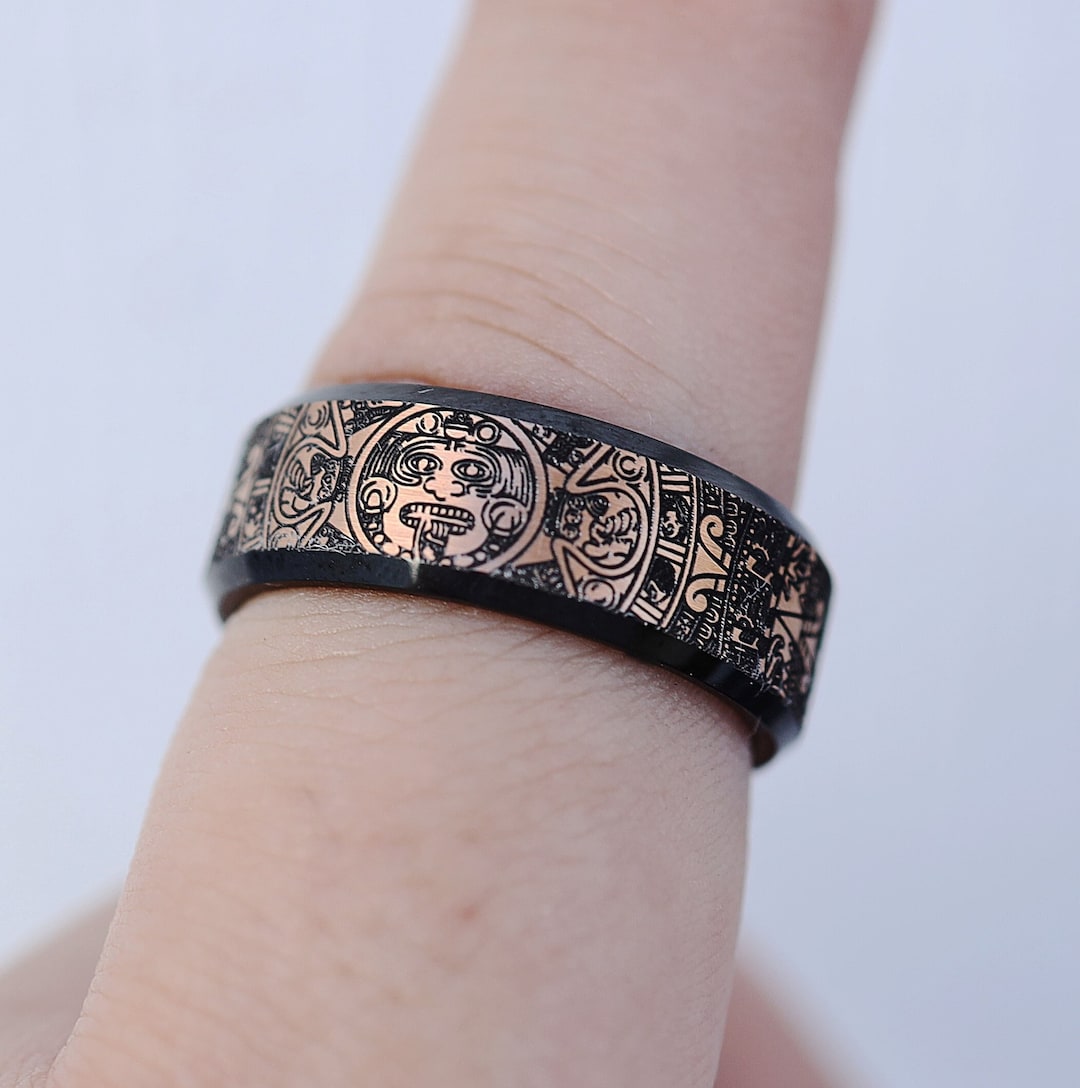 Engraved Aztec Culture Ring, Aztec Black Engraved Aztec Mayan Ring ...