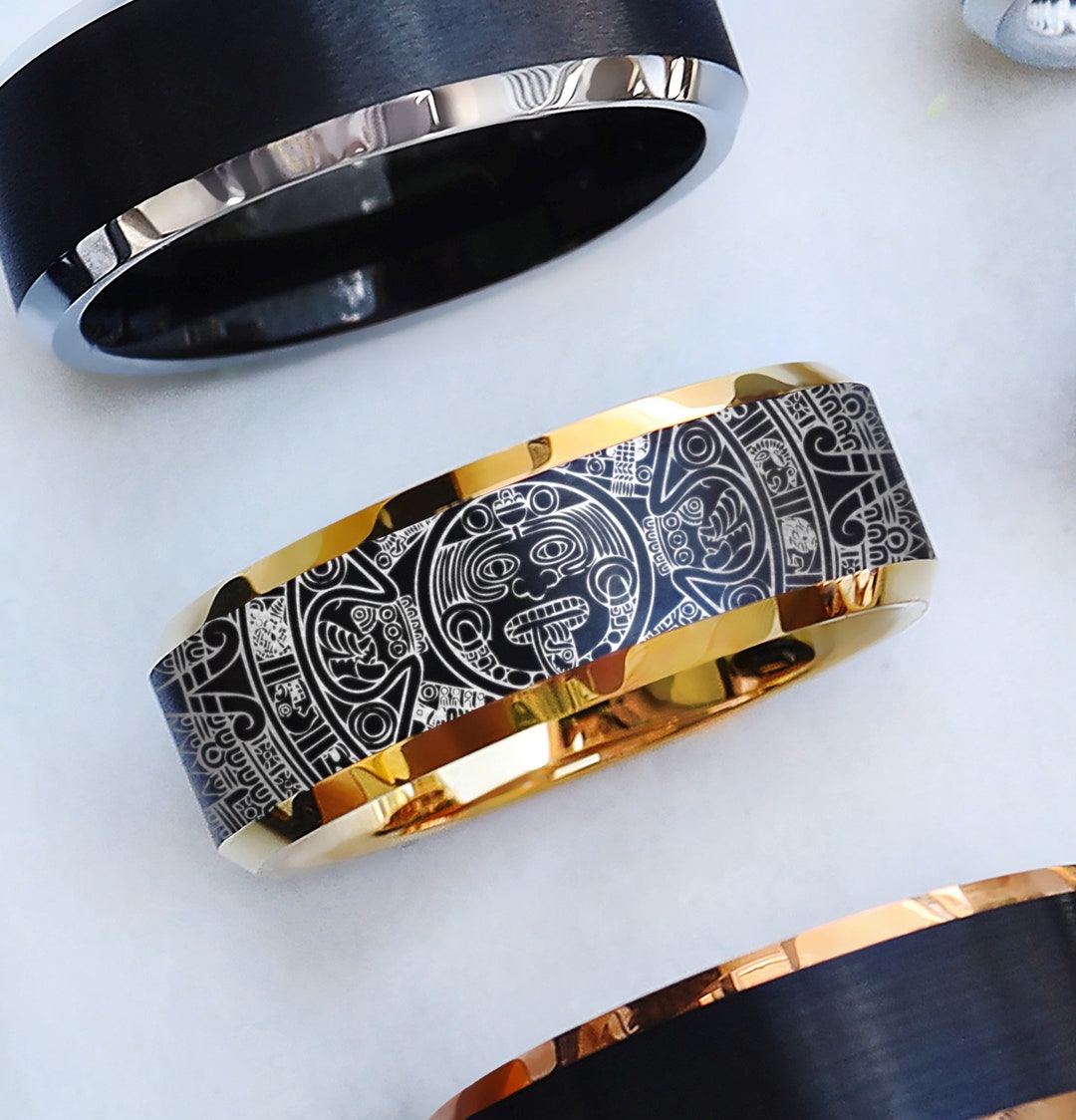 Engraved Aztec Calendar Pattern Ring, Aztec Promise Ring, Ancient Aztec ...