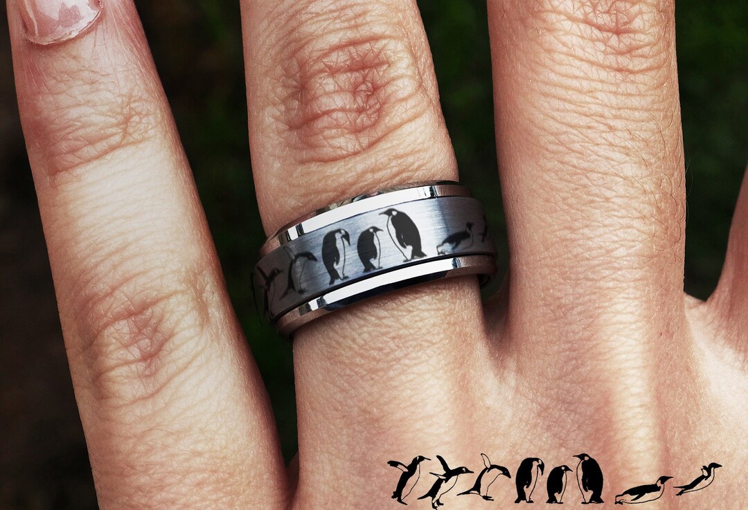 Engraved Penguin Tungsten Spinner Ring, Penguin Promise Ring, Penguin ...