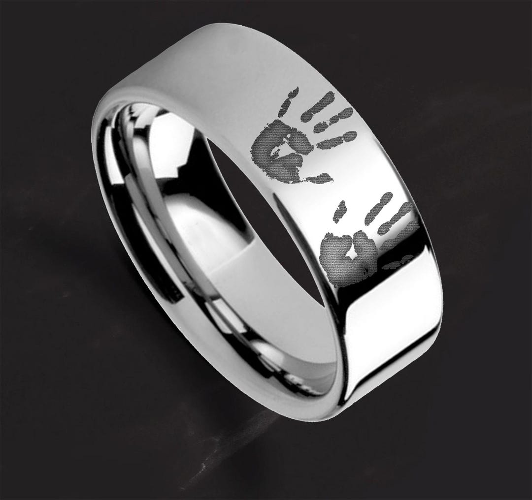 Actual Real Handprint Engraved Flat Pipe Cut Tungsten Ring Polished ...