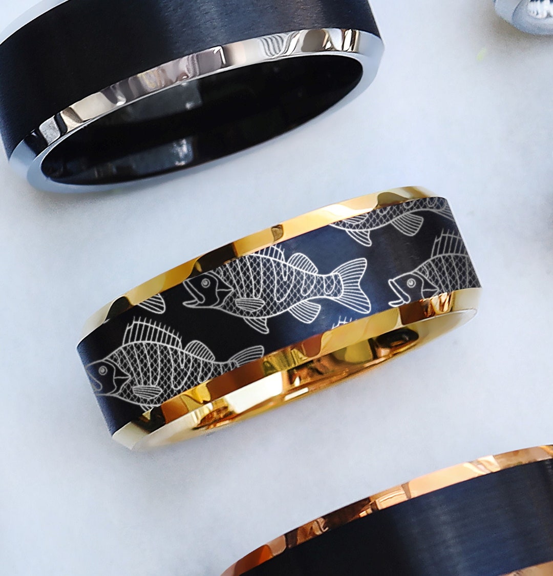 Engraved Black Tungsten Bass Fisherman Pattern Wedding Band Ring ...