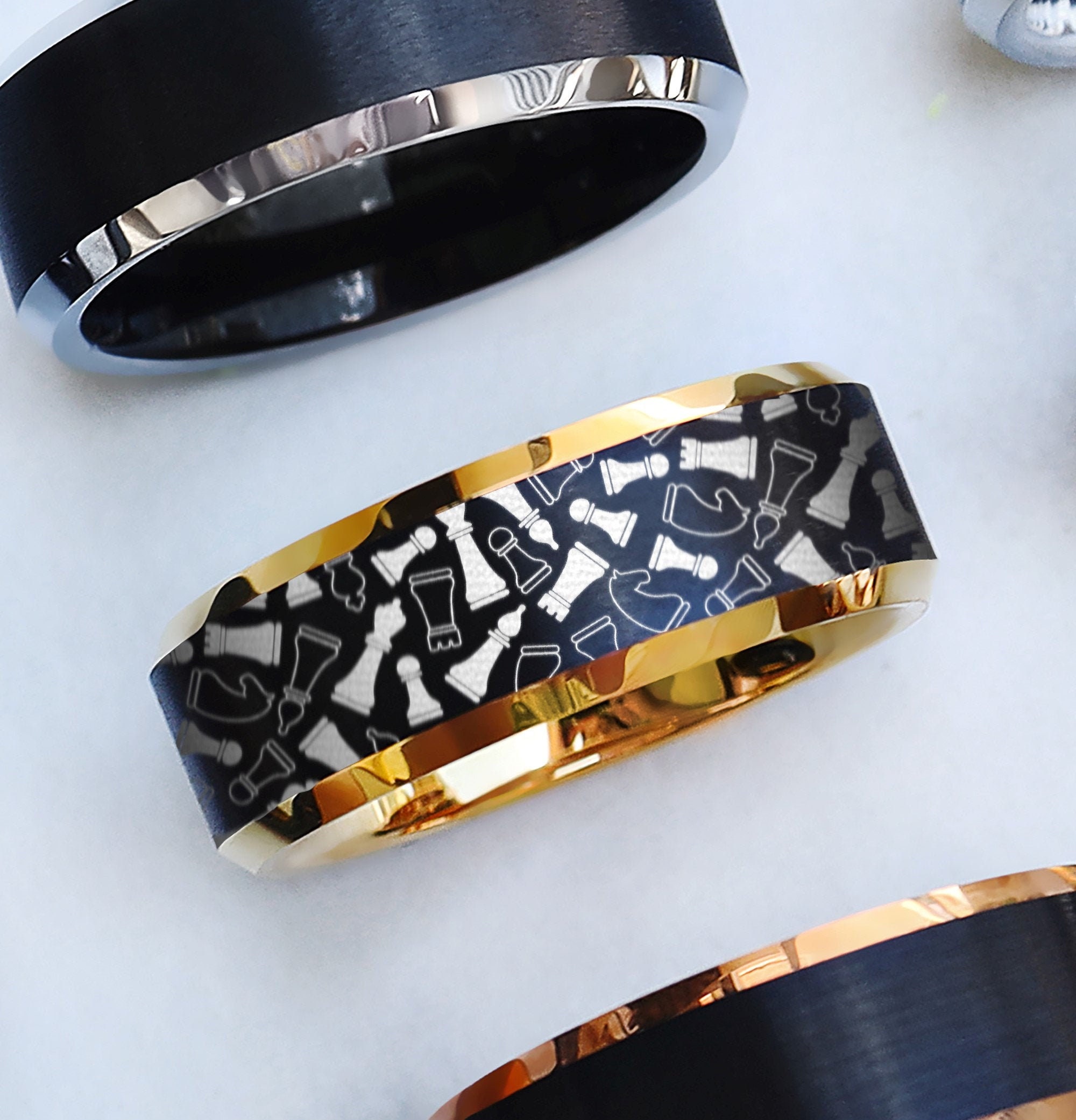 Engraved Black Tungsten Chess Wedding Band Ring Chess Piece | Etsy