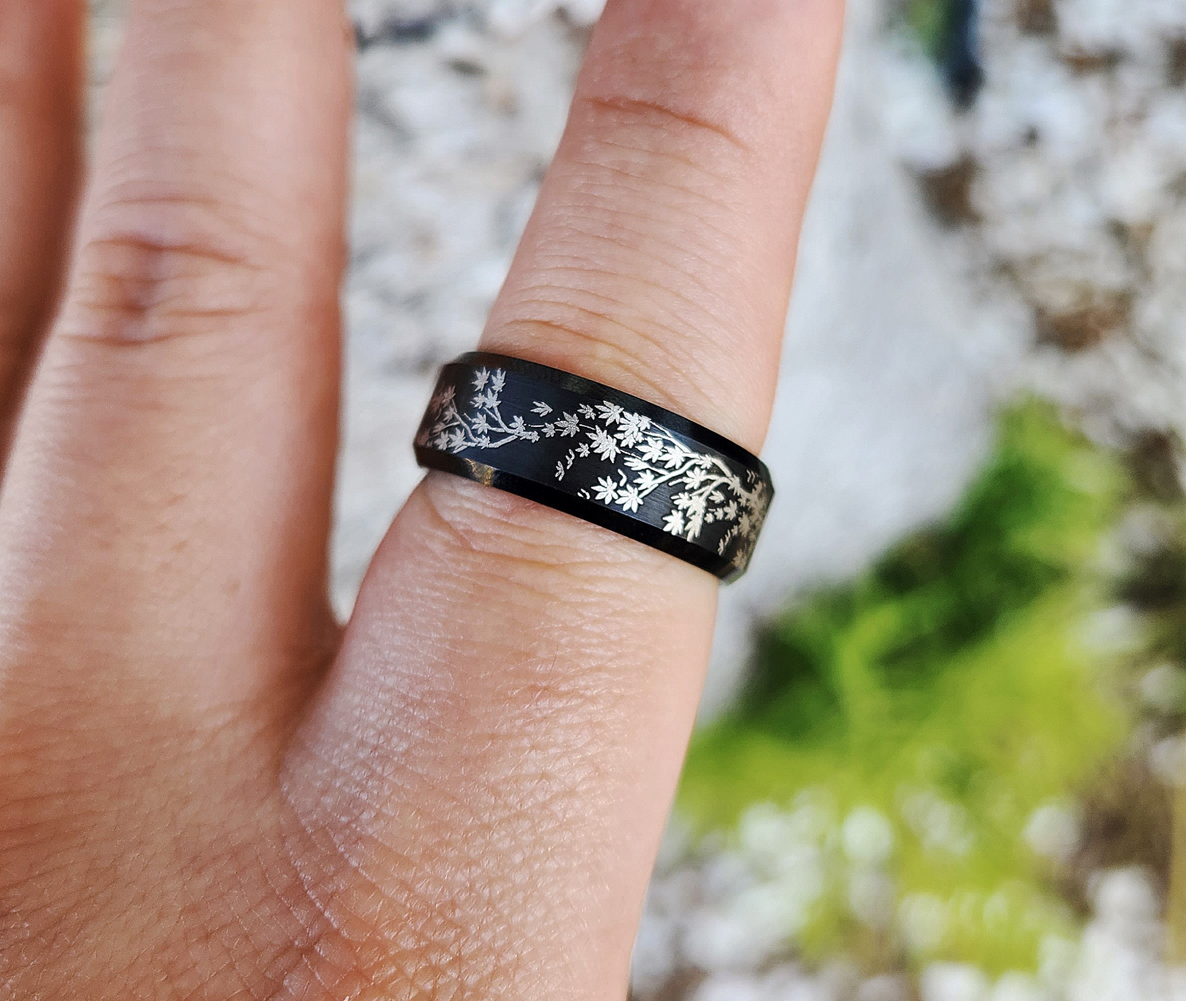 Engraved Japanese Maple Tree Ring, Japanese Maple Tree Wedding Ring ...