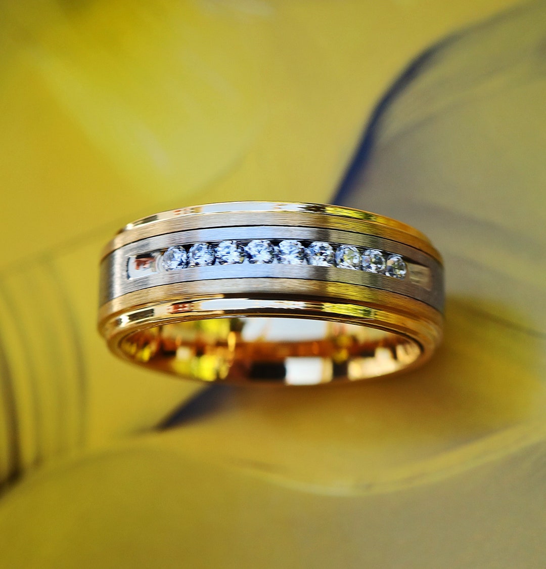 Mens Tungsten Wedding Ring Brushed Silver Inlay & 9 Channel Set ...