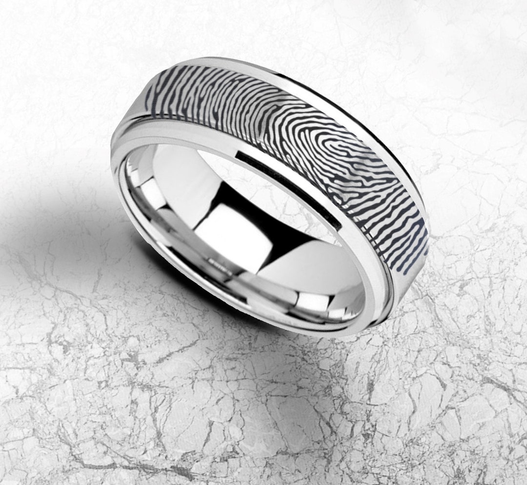 Silver Tungsten Spinner Fingerprint Ring, Fidget Spinner Tungsten Ring ...