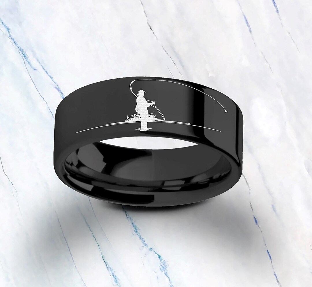 Engraved Fly Fishing Black Wedding Ring, Fly Fishing Promise Ring ...