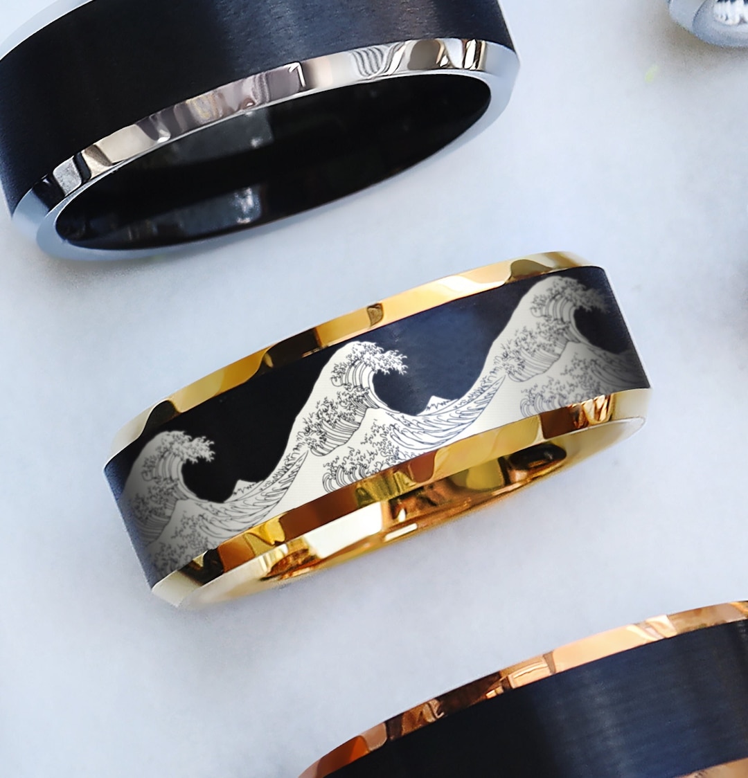 The Great Wave of Kanagawa Engraved Tungsten Carbide Ring, Japanese ...
