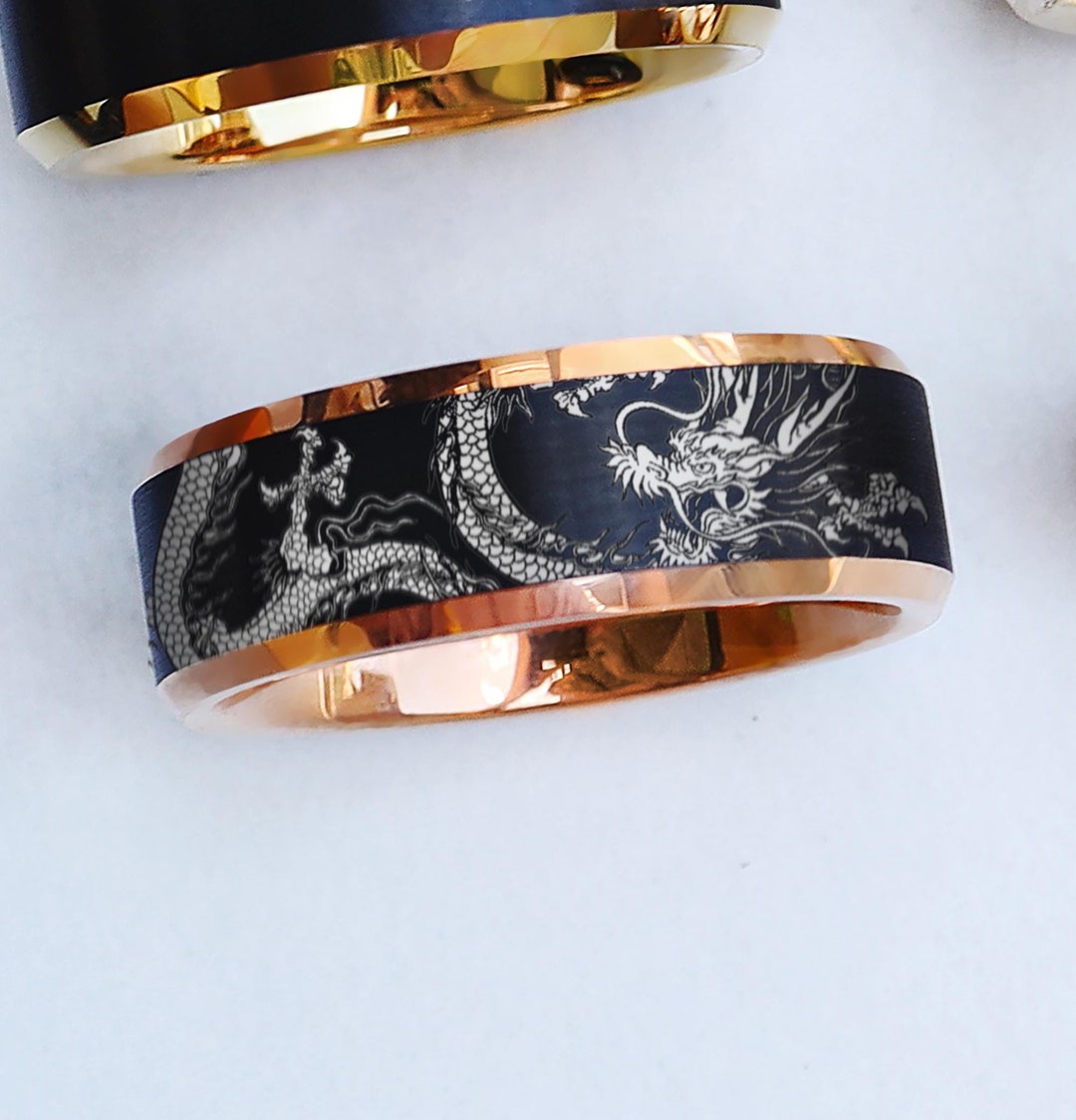 Engraved Black Tungsten Dragon Wedding Band Ring, Traditional Dragon ...