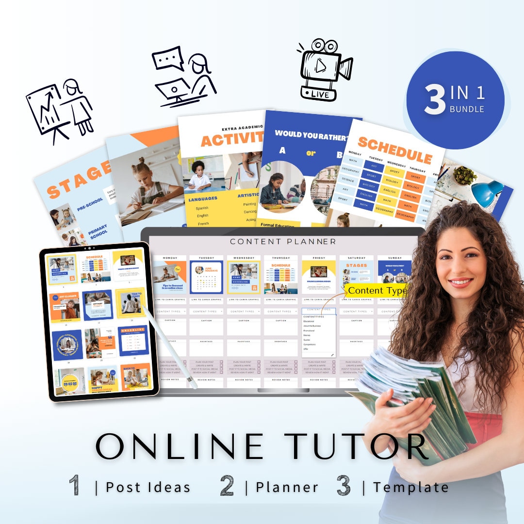 Online Tutor 3 in 1 Bundle 2024 Canva Template-post Ideas-planner-online Course Content Calendar ...