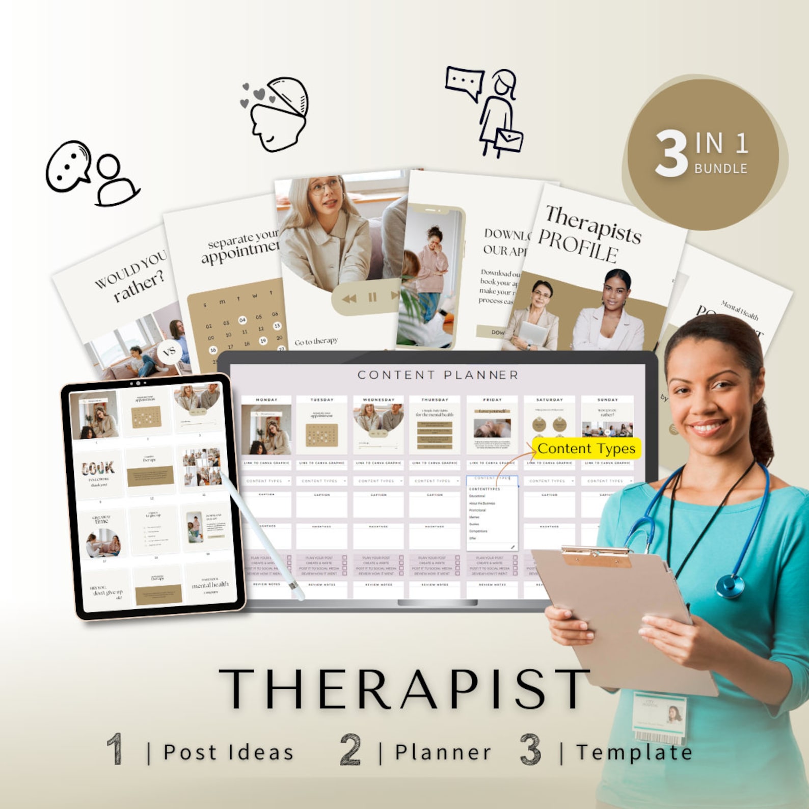 Therapist 3 in 1 Bundle 2024 Canva Template-post Ideas-planner-therapy ...