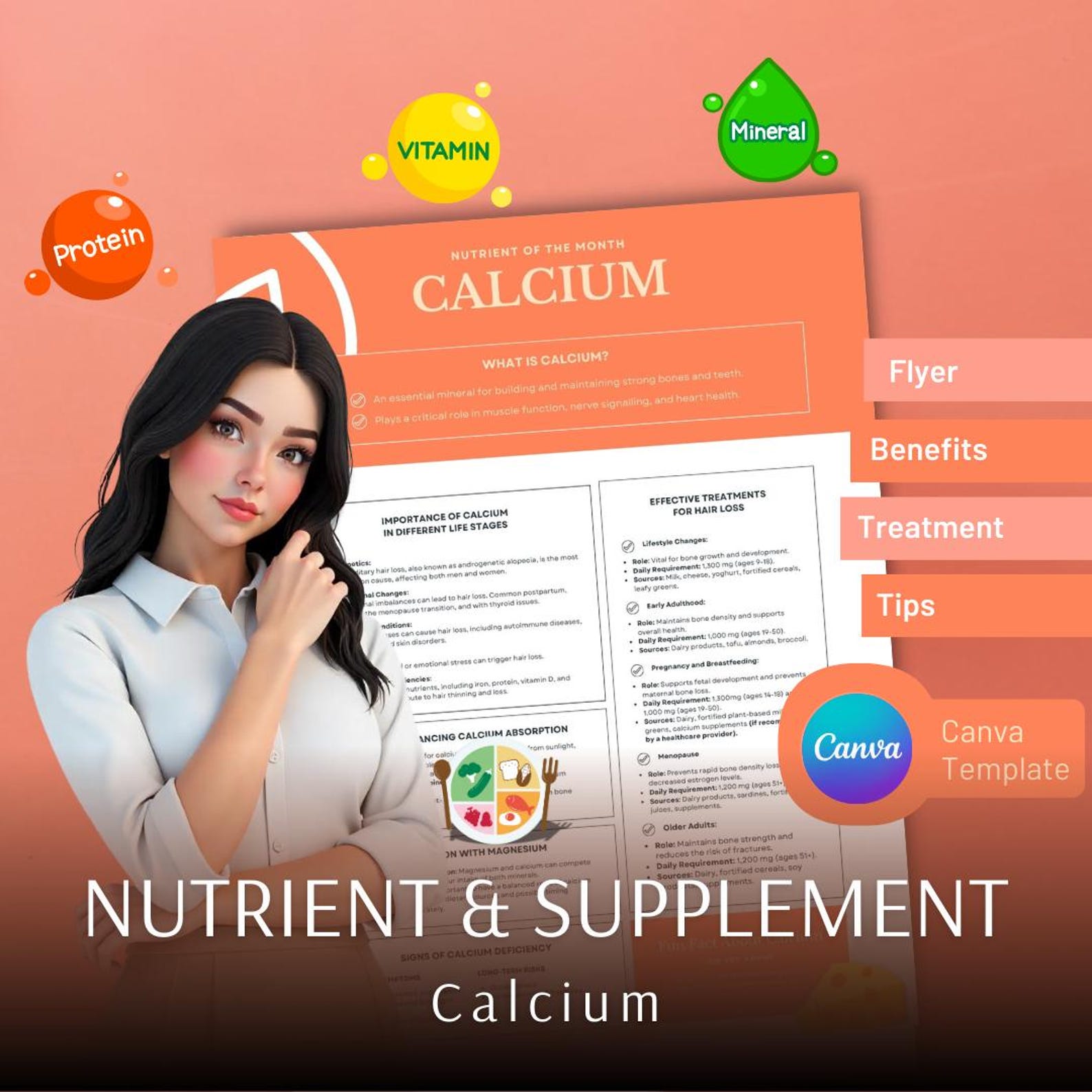 Calcium Flyer -nutrient and Supplement - Fiber Canva Template - Etsy