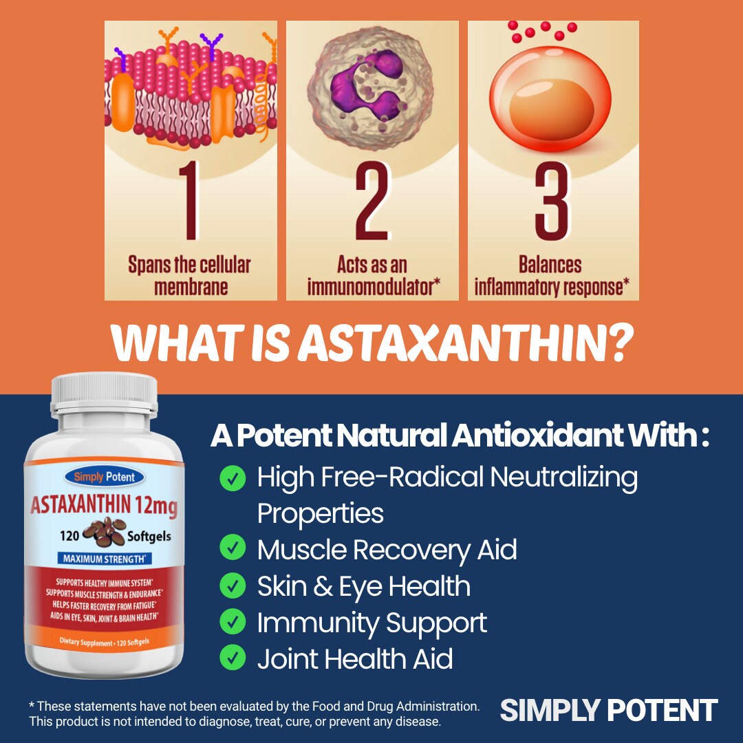Astaxanthin 12mg 120 Softgels, High Potency Natural Antioxidant, One ...