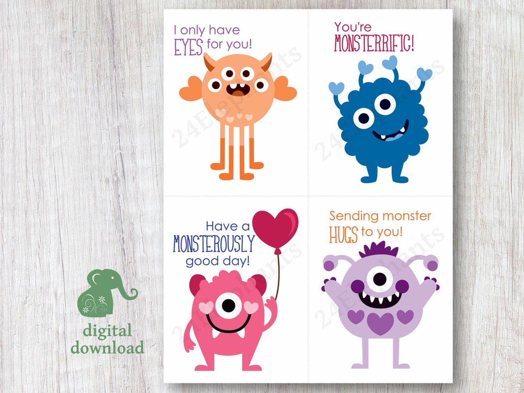 Printable Monster Valentine's Day Card Set | Orange Monster | Blue ...