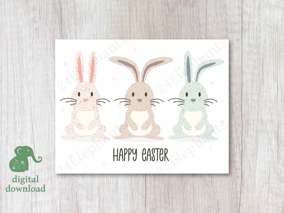 Printable 5x7 Easter Card | Easter Bunnies | Pink Floral Bunny | Beige ...