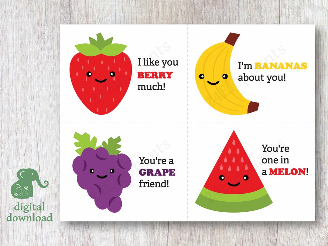 Printable Cute Fruit Valentine's Day Card Set | Cute Strawberry | Cute ...