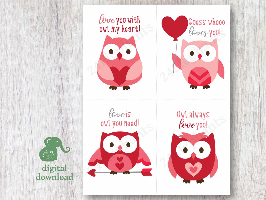 Printable Owl Valentine's Day Card Set | Pink and Red Owls | Cute Owl ...