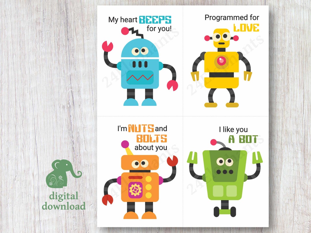 Printable Robot Valentine's Day Card Set | Blue Robot | Yellow Robot ...