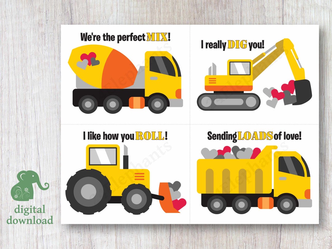 Printable Construction Vehicle Valentine's Day Card Set | Mixer ...