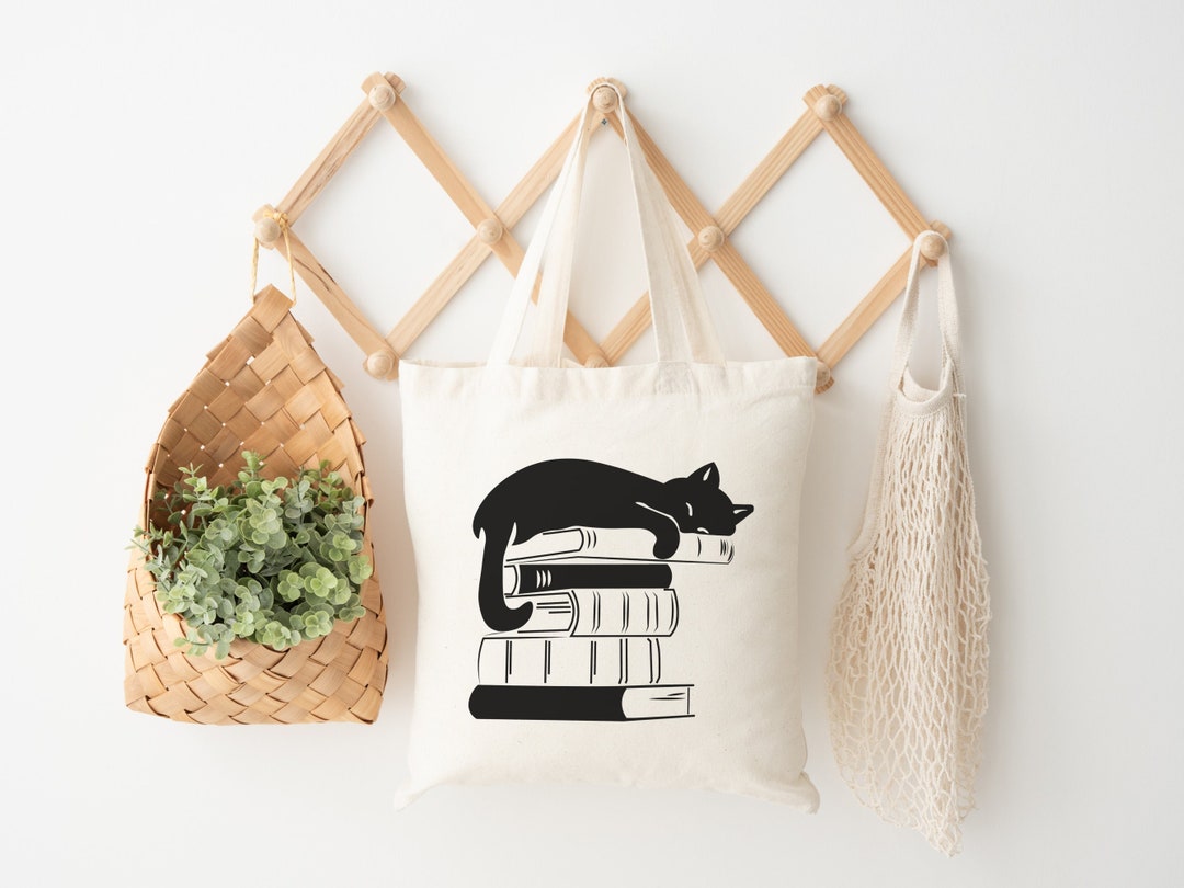 Cat and Book Tote Bag, Bookish Tote Bag, Book Tote Bag, Canvas Cat Tote ...
