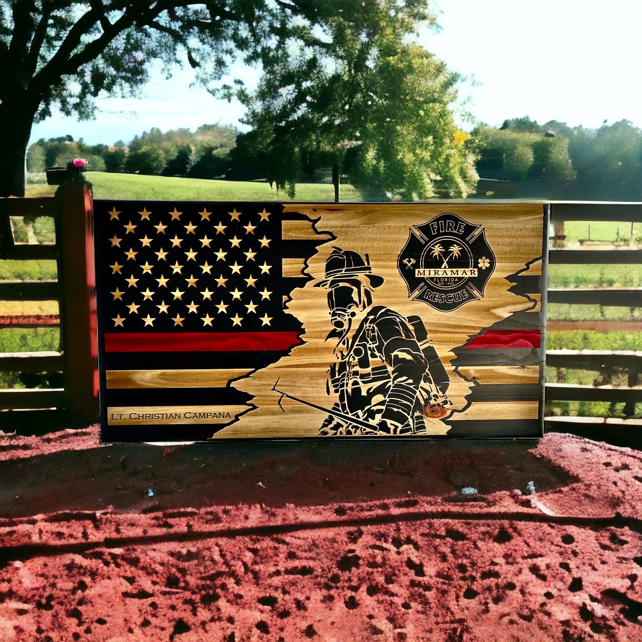 Custom Firefighter Flag, Wood Thin Red Line Decor, Retirement Gift ...