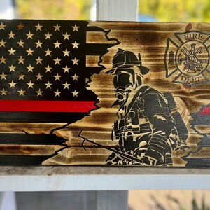 Custom Firefighter Flag, Wood Thin Red Line Decor, Retirement Gift ...