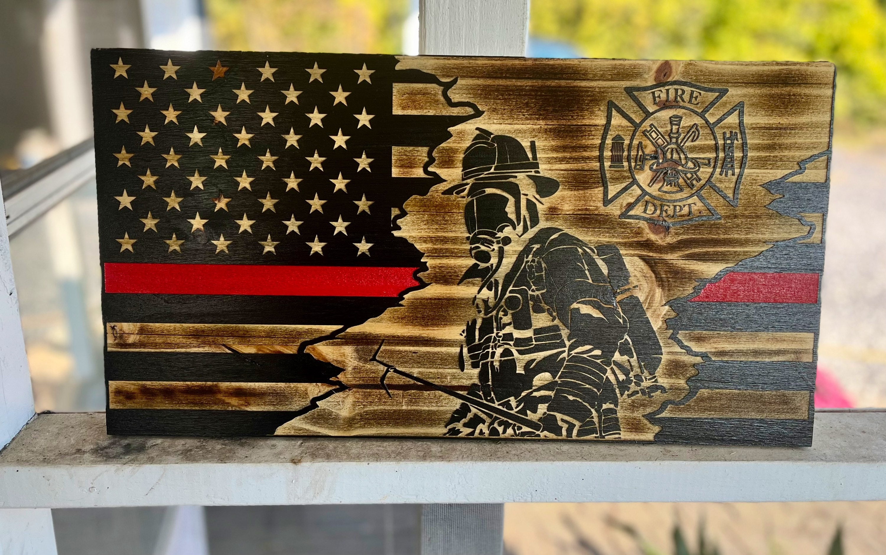 Custom Firefighter Flag, Wood Thin Red Line Decor, Retirement Gift ...