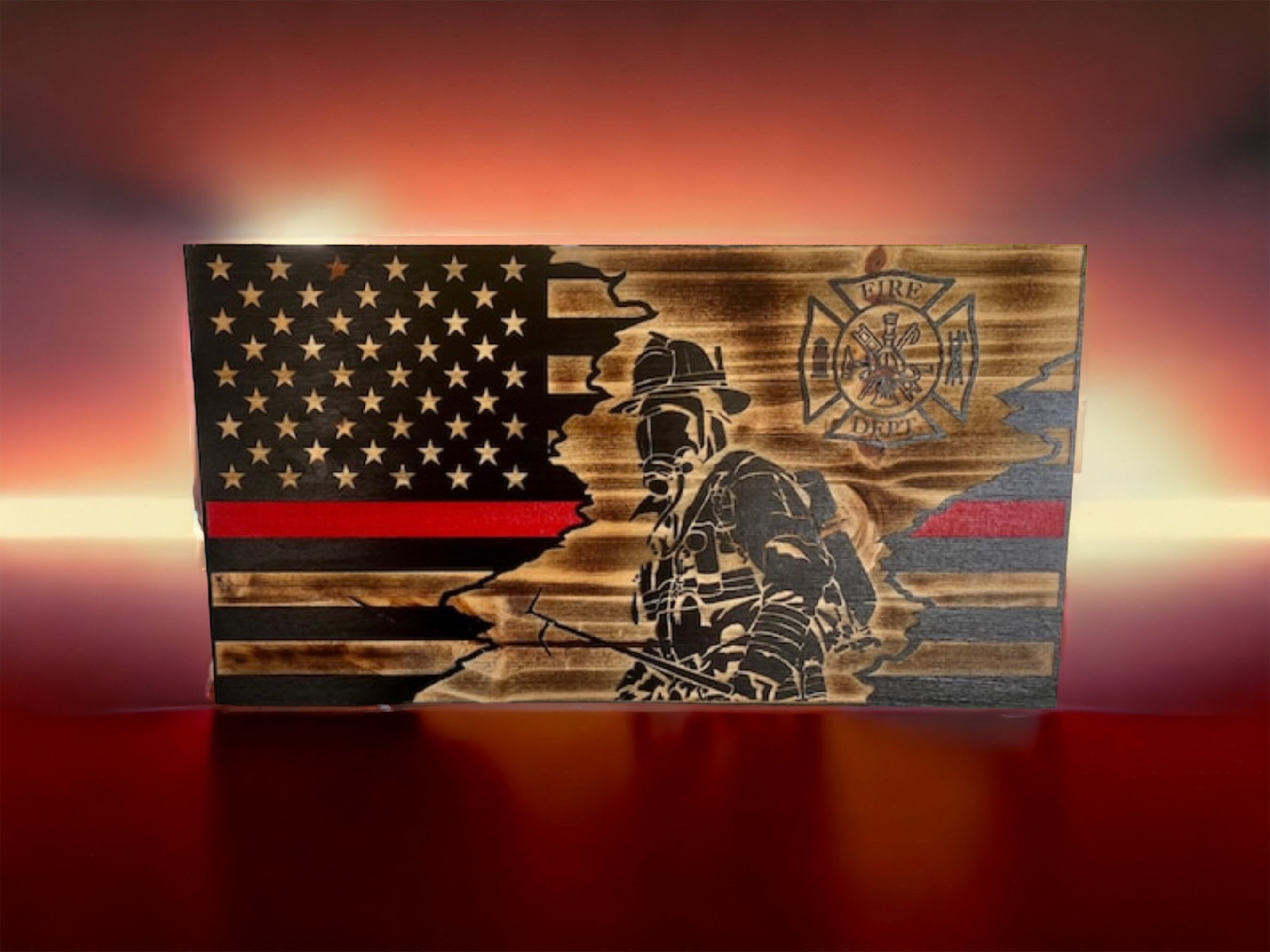 Custom Firefighter Flag, Wood Thin Red Line Decor, Retirement Gift ...